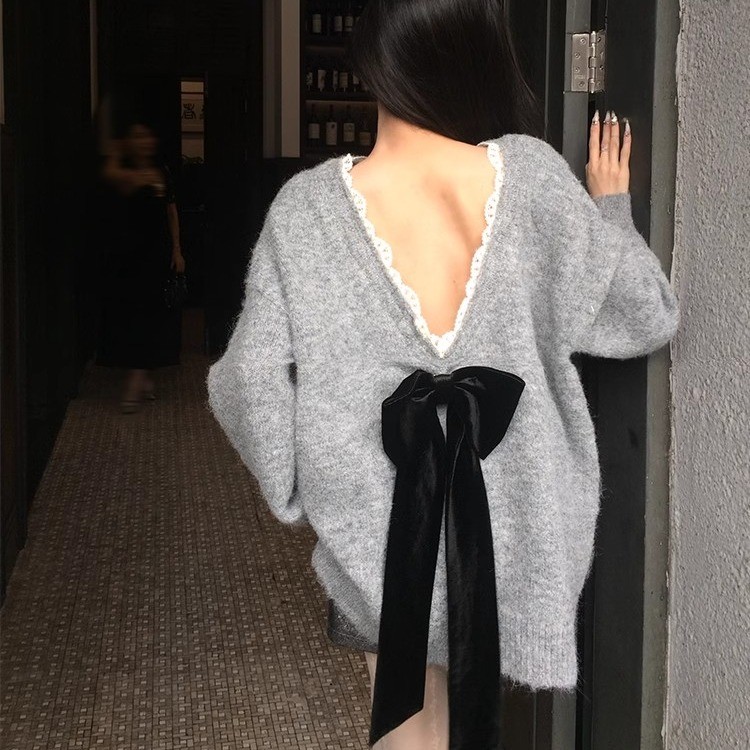 Large Bow Backless V-Neck Sweater New Lazy Style Loose Knitted Top 4716 ...