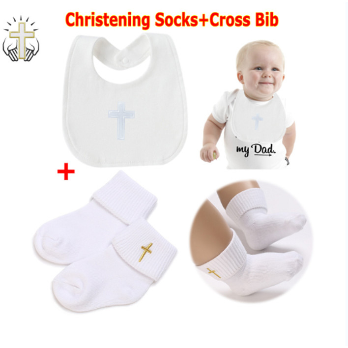 Baptismal Baby Boy Set Cute White Golden Cross Socks+cross BIB Unisex ...