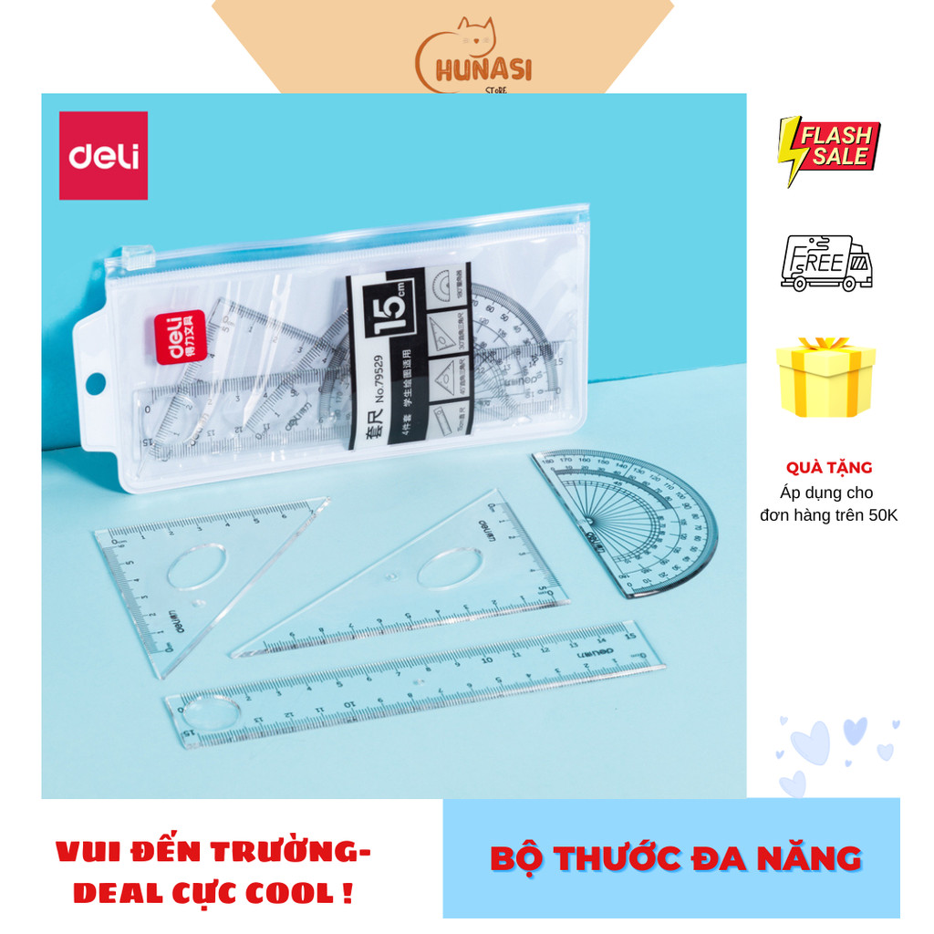 Set of ruler, protractor, eke for students, 4-piece transparent school ...