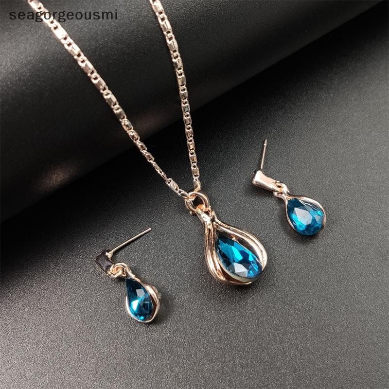 Seph Fashion Blue Crystal Creative Geometric Wedding Earrings Necklace ...