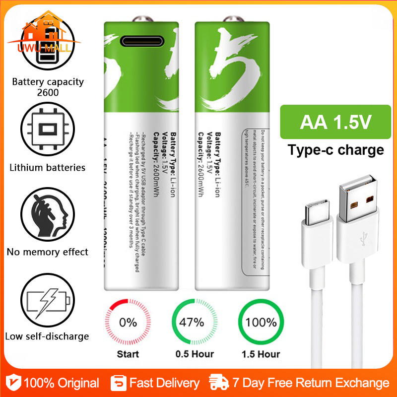 Smartoools 1.5V Double A Lithium ion Type C AA AAA Battery Rechargeable ...