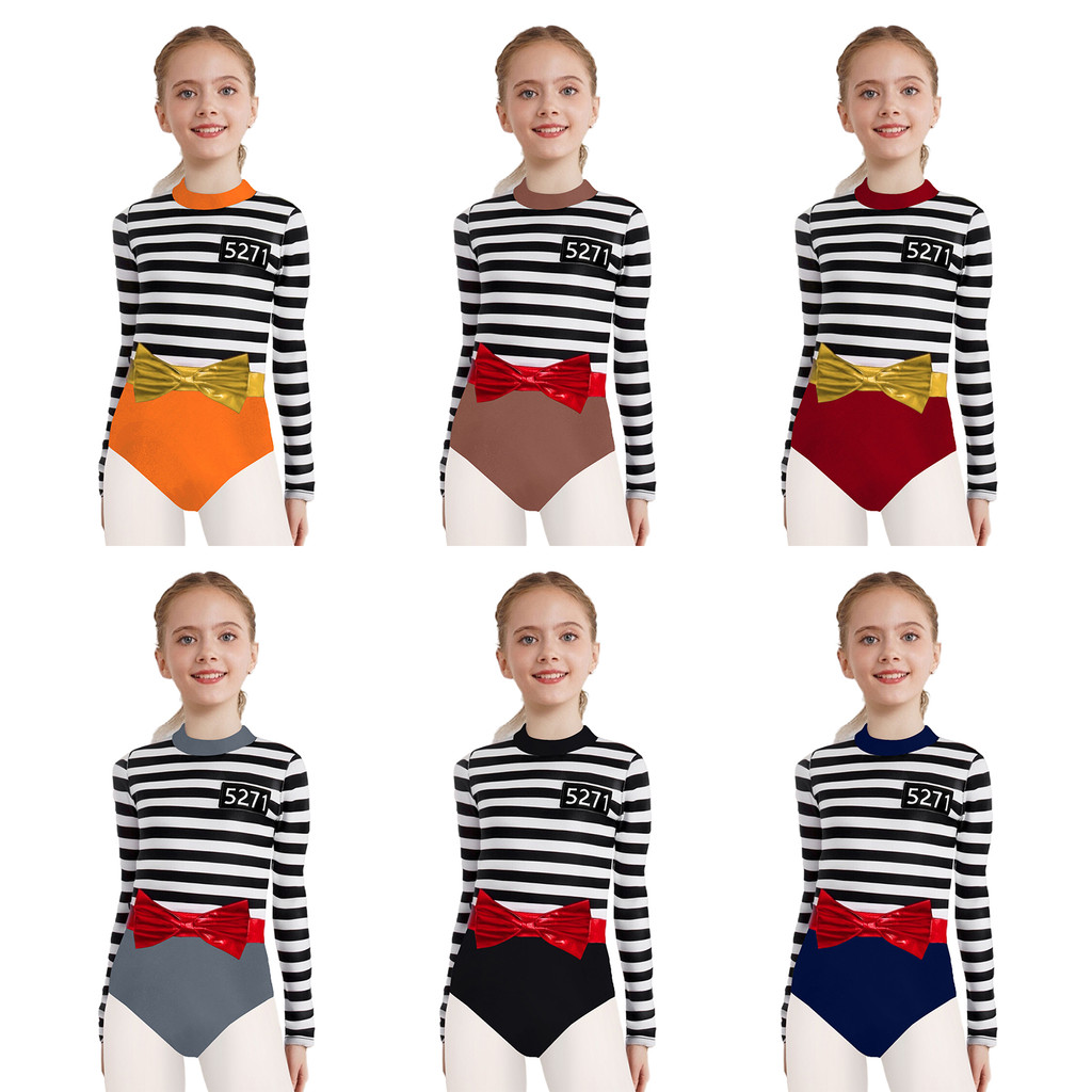 inhzoy Kids Girls Prisoner Stripes Costume Mock Neck Long Sleeve Back ...