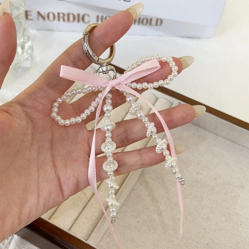 Korean Fashion Beaded Pearls Bow Knot Key Chain Ins Style Sweet Girls ...