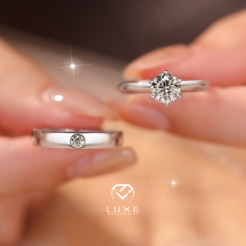 Real Moissanite 0.1ct 1ct Effortless Chic Round Cut White D Elegant Couple Rings In S925 ...