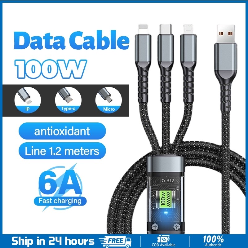 3 in 1 Super Charging Cable PD100W 6A Micro USB Type C Fast Charger ...