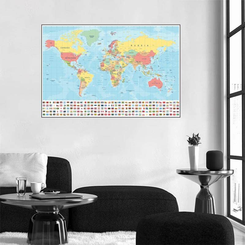 World Map Wall Sticker Large Map of The World Poster with Country Flags ...