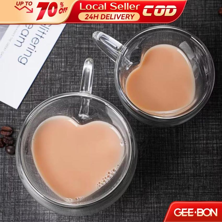 GEEBON Double Walled Insulated Glass Coffee Mug Transparent Heart Shaped Tea Cups 180/240ML ...