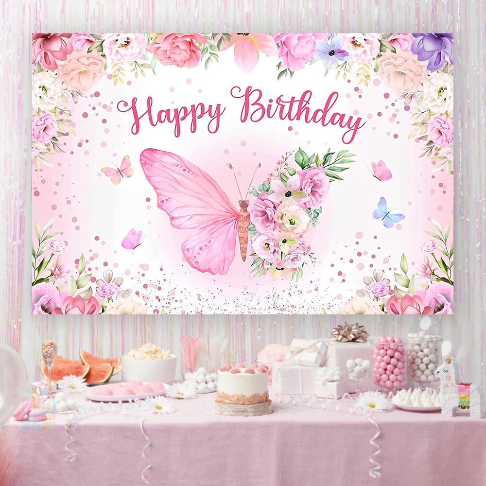Pink Flower Butterfly Theme Party Backdrop for Girls Birthday Party ...