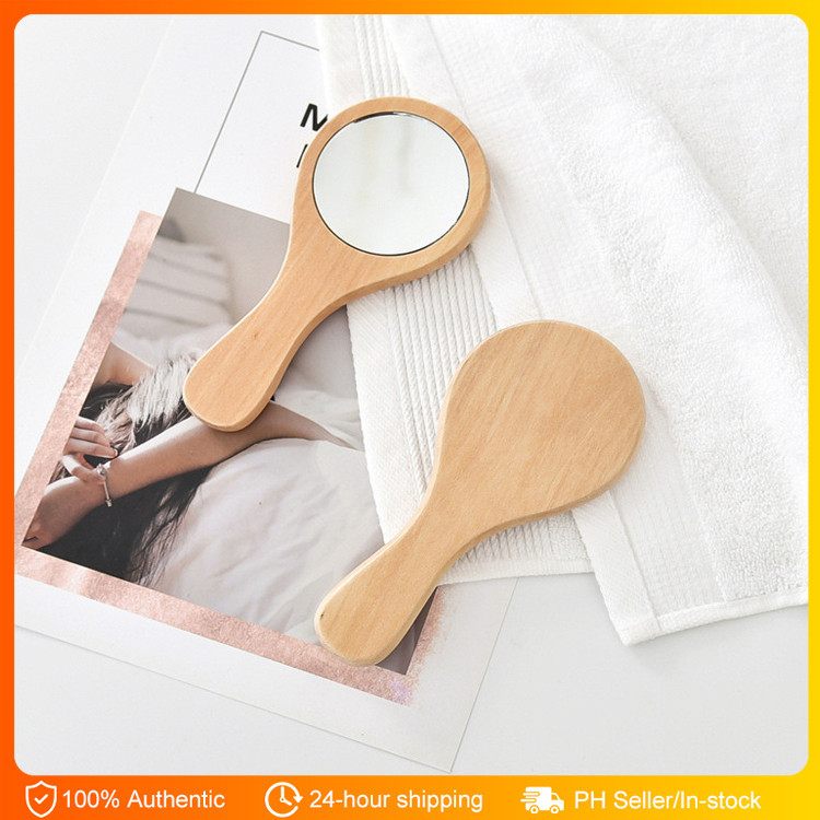 Portable Bamboo Wooden Mirror Hand Wooden Frame Small Mirror Pocket ...