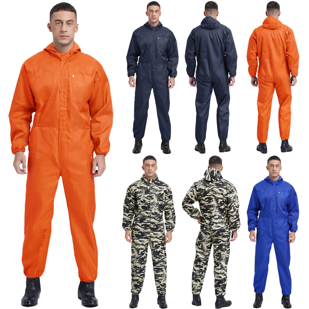Men Dust-proof Hooded Coverall Workshop Uniform Labor Jumpsuit Long ...