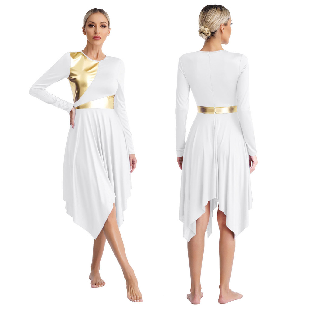 Women Liturgical Dance Dress Long Sleeve Metallic Color Block Irregular Hem Dresses Church Choir ...