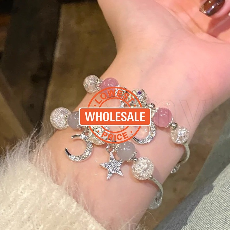 [Wholesale] Star Moon Beaded Bracelet - Crystal Bead Bracelets - Pink ...