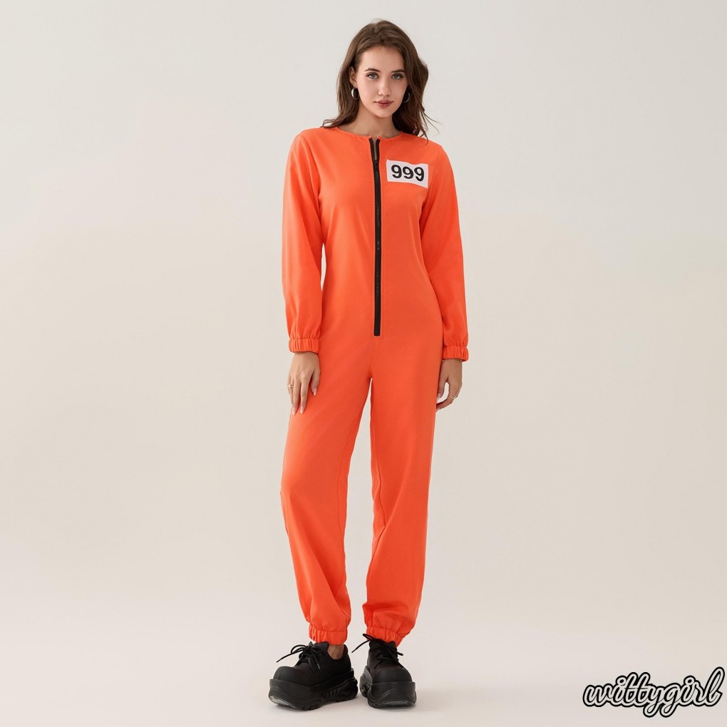 WITTY-Women Prisoner Costume Halloween Long Sleeve Front Zip Up Inmate ...