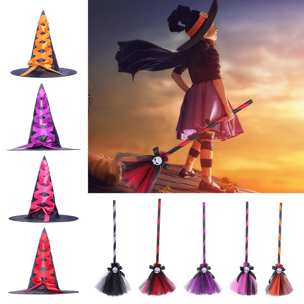 Witch Costume for Girls Fancy Costume Hat Broom for Witch Cosplay ...