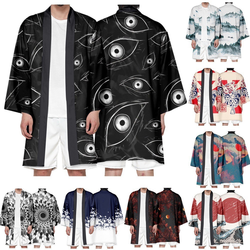 Summer Eye Pattern Japanese Kimono Men Women Ukiyoe Fox Print Asian ...
