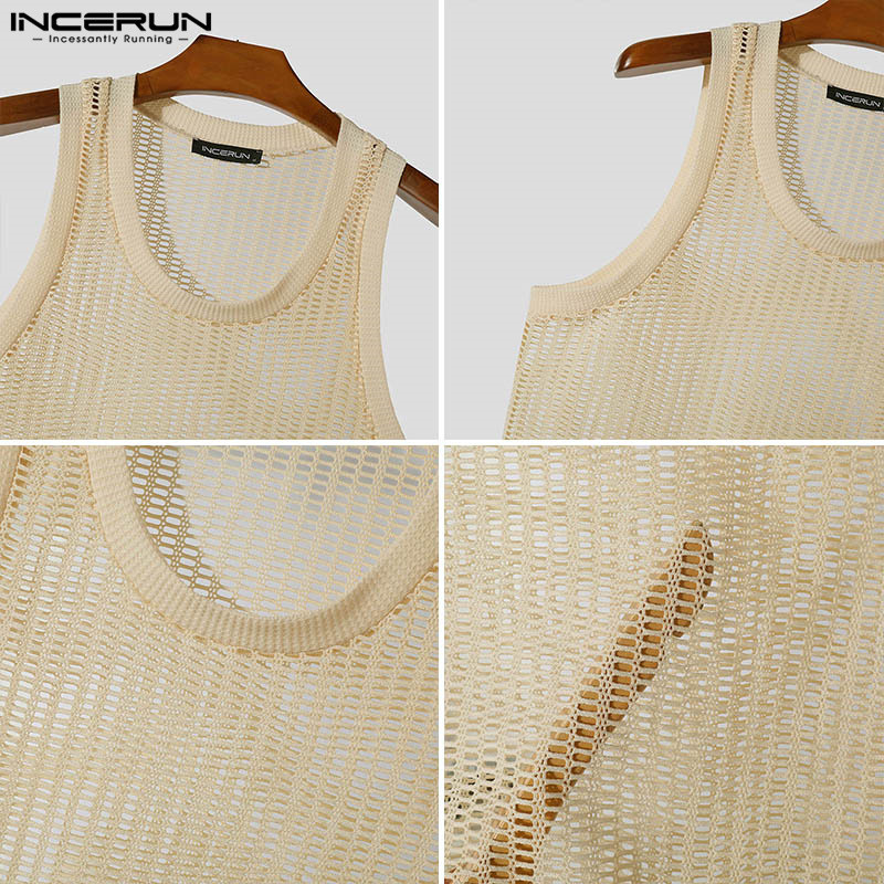 INCERUN Men Vintage Casual Round Neck Mesh Hollow Sleeveless Loose ...