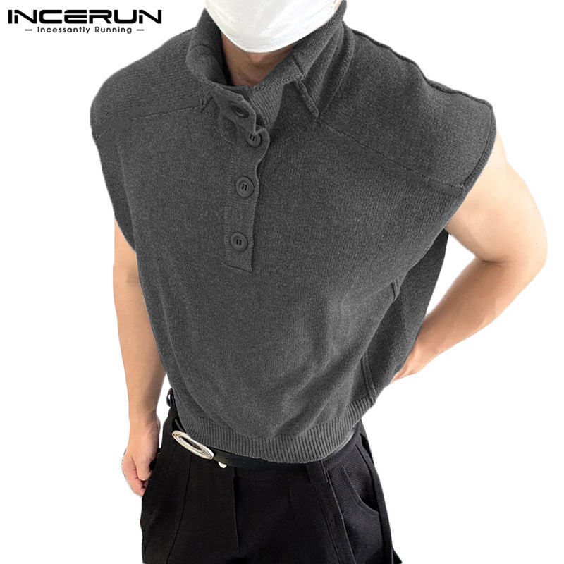 INCERUN Men Korean Casual Turn Down Collar Solid Color Sleeveless POLO ...
