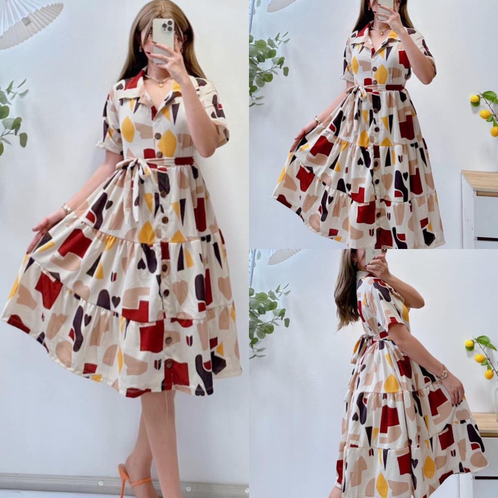 Sunny&Co Korean Polo Layered Long Midi Dress with Belt Printed for ...
