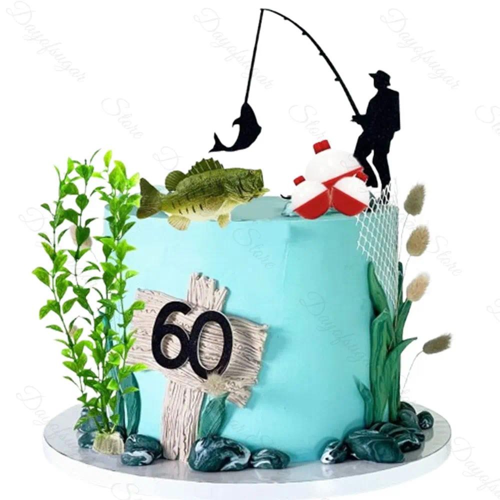 1 Set Fishing Cake Toppers Grass Big Fish Gone Fishing Fisherman Cake ...