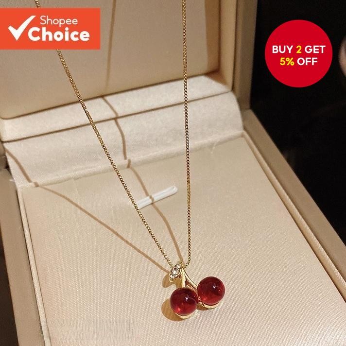 Wine red Cherry Pendant Light luxury lovely Necklace Small clavicle ...