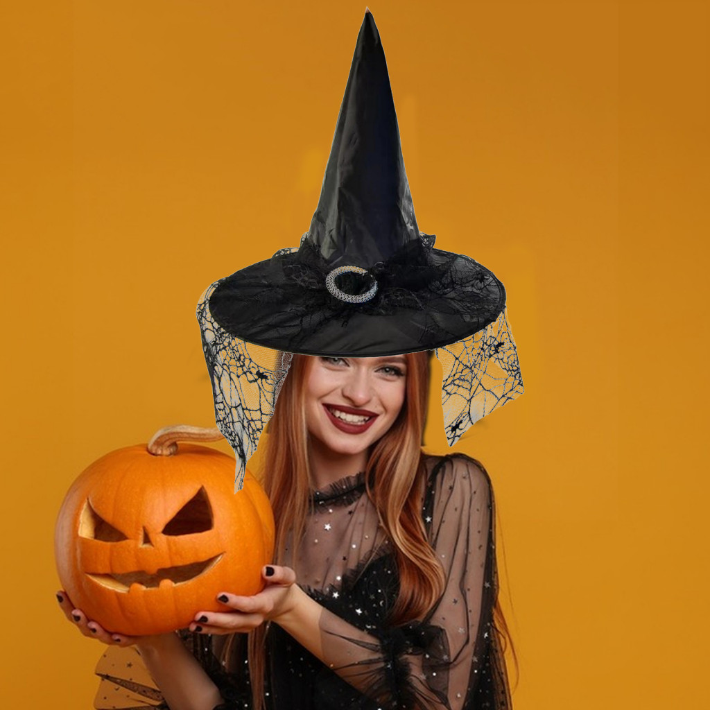 Mysterious Witch Hat Halloween Witch Hat Large Brim Witch Hat with Lace ...