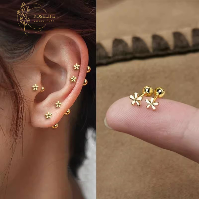 Roselife 2 Pcs 14k Gold Flower Piercing Round Ball Screw Earrings for Women Girls Daily Wear ...