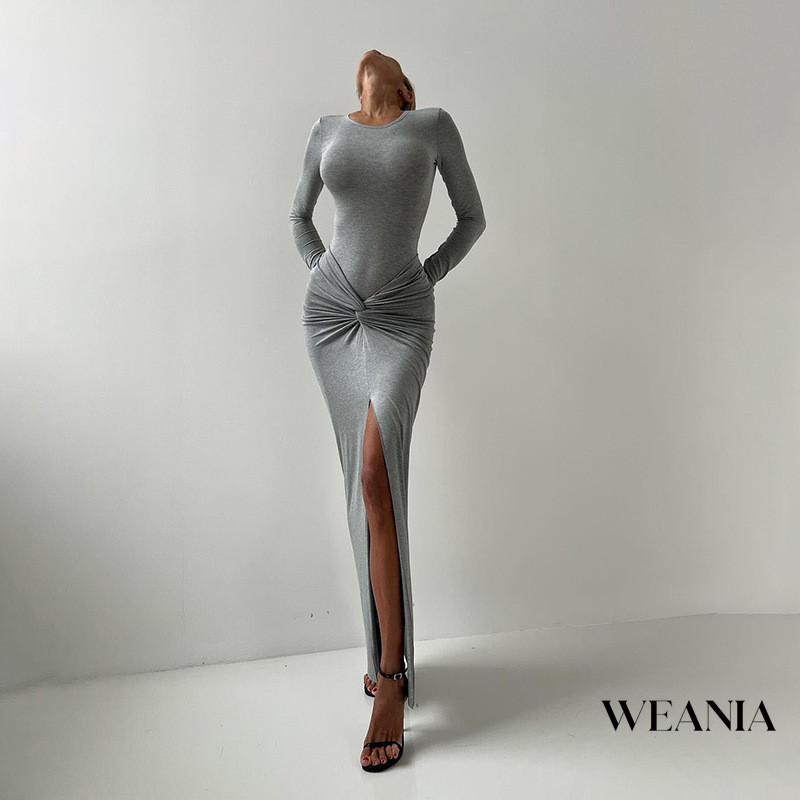 WEANIA Stylish and Sexy Slim Pleated Long Sleeved Bodysuit Split Long ...