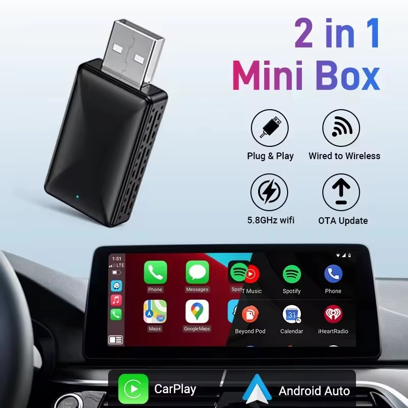 Wireless Carplay Android Auto Adapter 2 in 1 Mini Box Plug&Play CarPlay AI Box BT WiFi for Wired ...