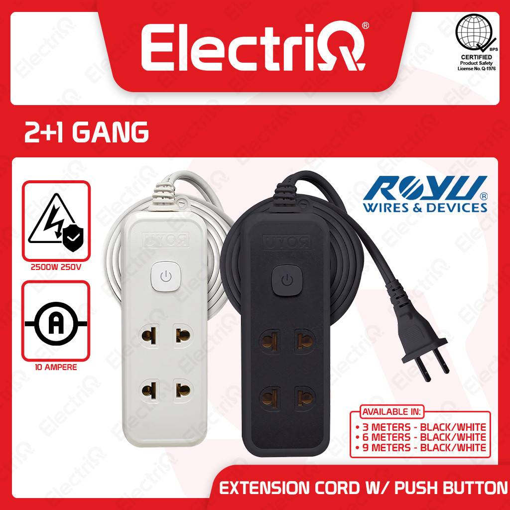 Electriq | Royu 2+1 Gang 3M|6M|9M Extension Cord w/ Push Button Switch ...