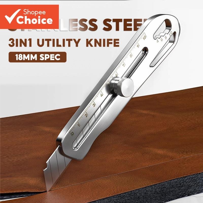 3-in-1 Heavy-Duty Stainless Steel Utility Knife, 18mm Blade for ...