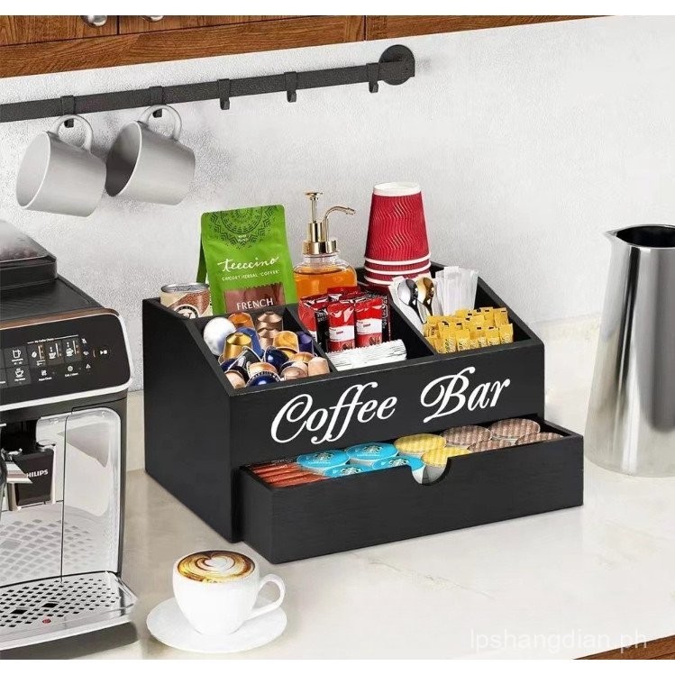 Double layered wooden coffee accessory storage, durable wooden ...