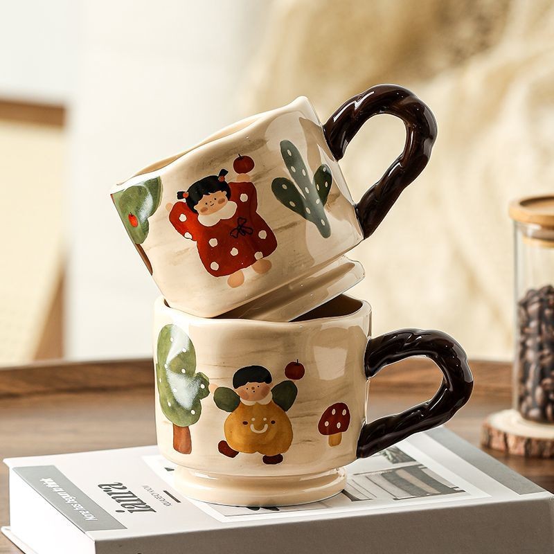 Cute Boy Girl Cartoon Porcelain Mug Wavy Cup Mouth Large Capacity High ...
