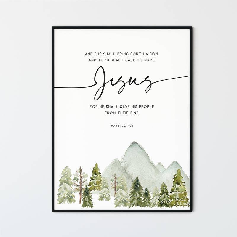 Matthew 1 21 Christmas Christian Wall Art canvas print Mountains ...