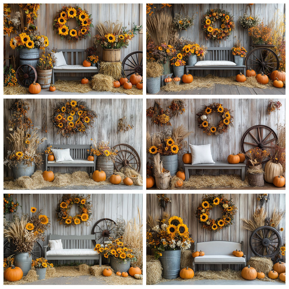 Backdrop Fall Rustic Barn Sunflower Pumpkins Haystack Thanksgiving Kids ...