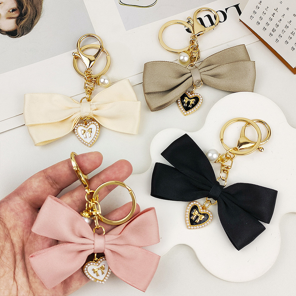 Sweet Satin Bow Keychains Fashion Imitation Pearl Heart Bowknot ...