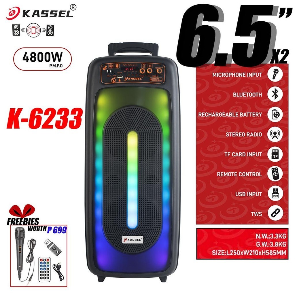 KASSEL 6.5" X 2 LED Light Double Bluetooth Portable Speaker With USB/SD ...