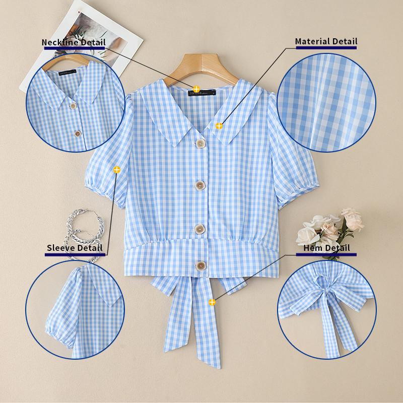 ZANZEA Women Korean Fashion Short Sleeve Lapel Collar Plaid Back Cutout ...