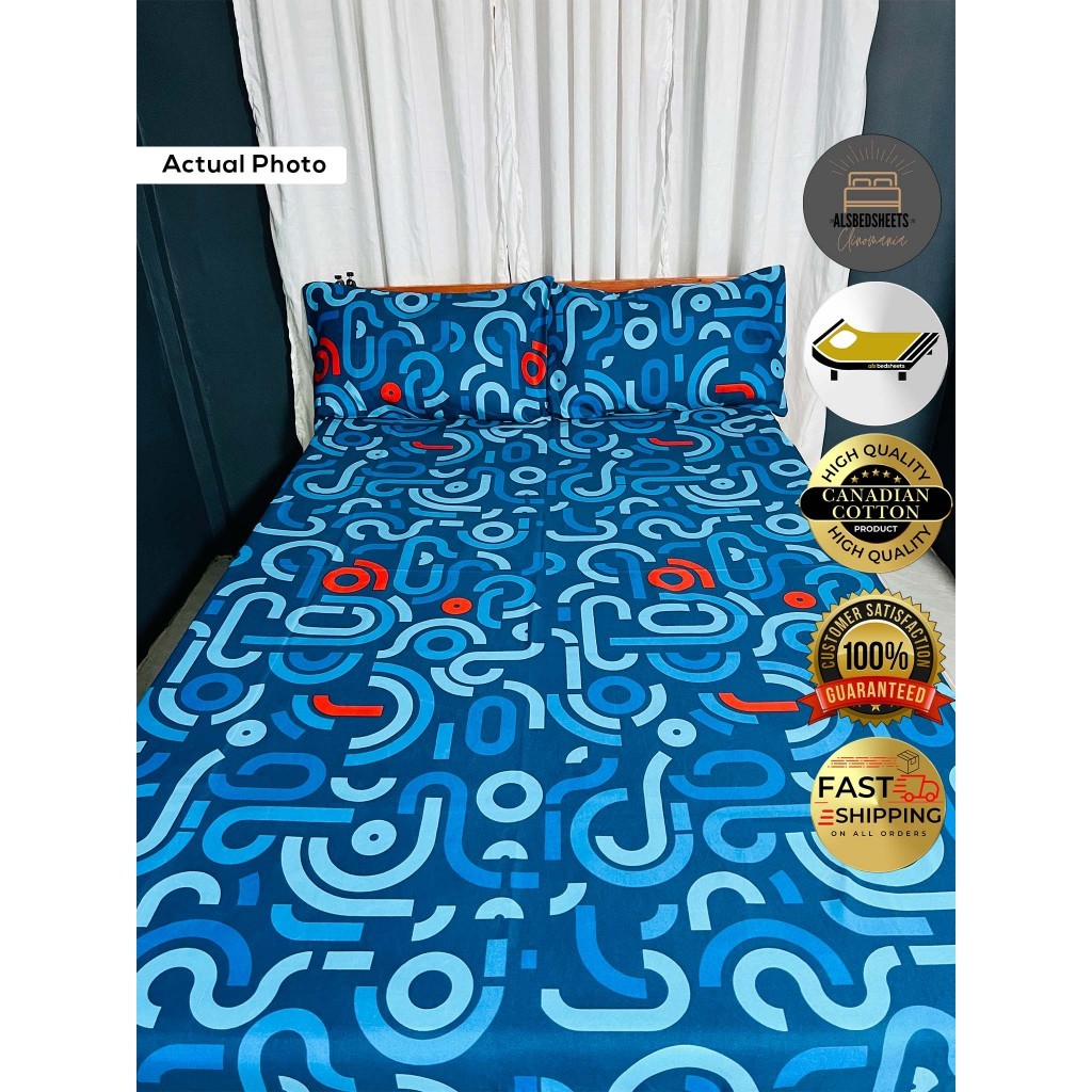 BLUE ABSTRACT Fully Garterized Bedsheet with 2 Pillowcase 100% Premium ...
