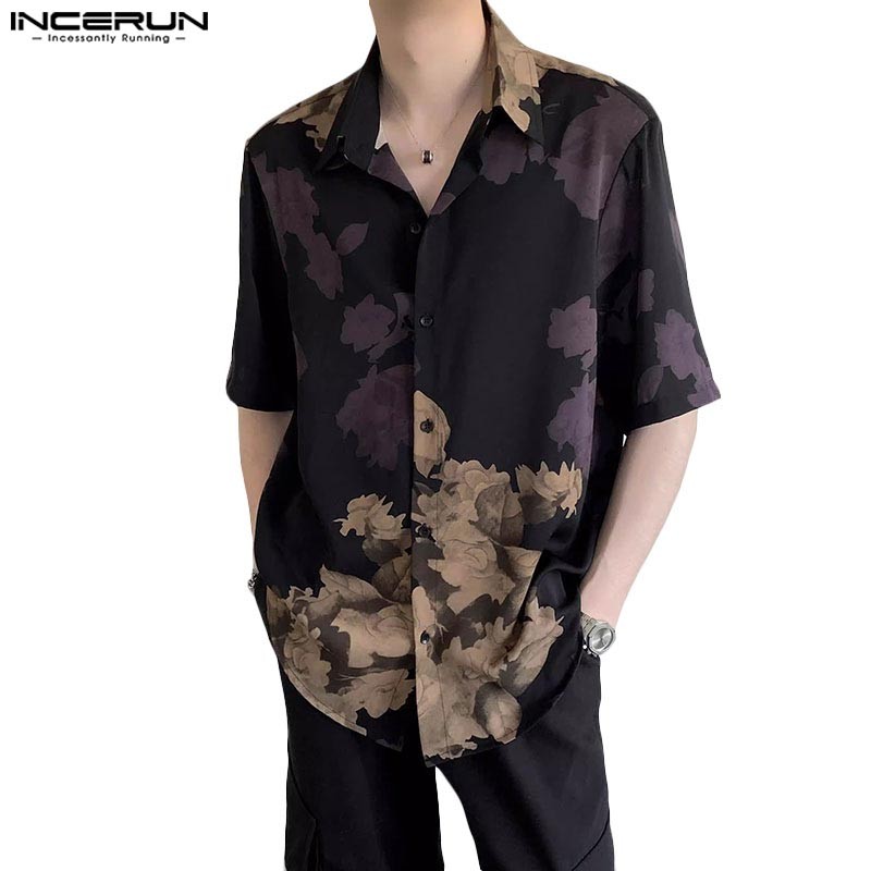 INCERUN Men Korean Casual Floral Printing Loose Short Sleeve Design ...