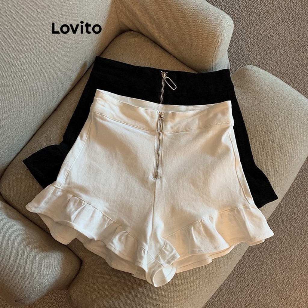 Lovito Women Ruffle Hem Zipper Shorts Lna17128 | Shopee Philippines