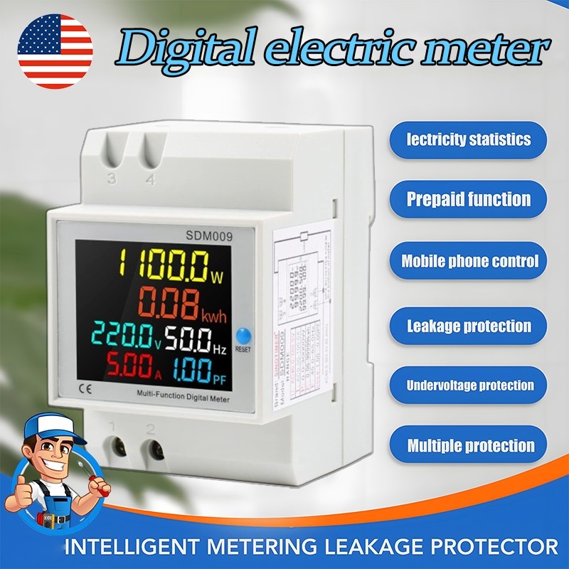Digital Electric Meter AC Meter DIN Rail KWh Meter Wattmeter 5-80A Tool Backlit Single Phase LCD ...
