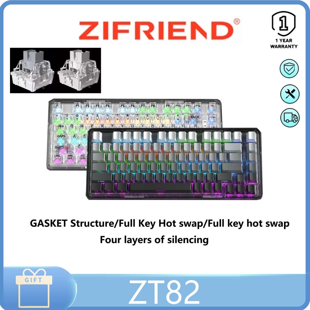 zifriend ZT82 three-mode mechanical keyboard Gasket structure RGB hot swap custom wired gaming ...