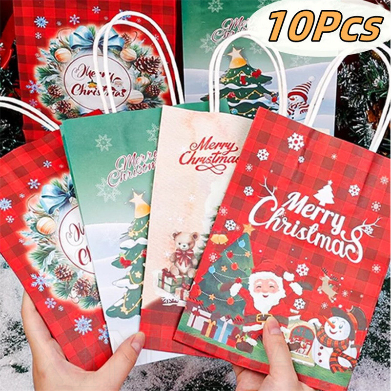 10Pcs Xmas Party Present Pouch - Christmas Kraft Paper Handbags - Santa ...