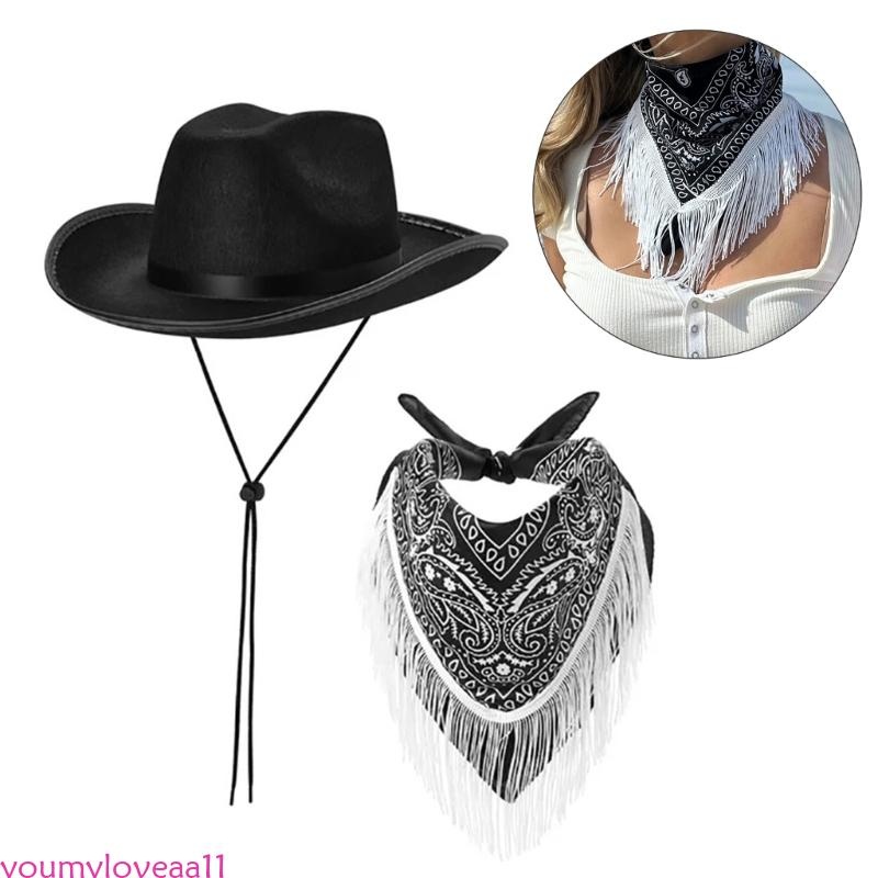 youmyloveaa Fringed Cowboy Hat Bandanas Costume Set for Women Man Music ...