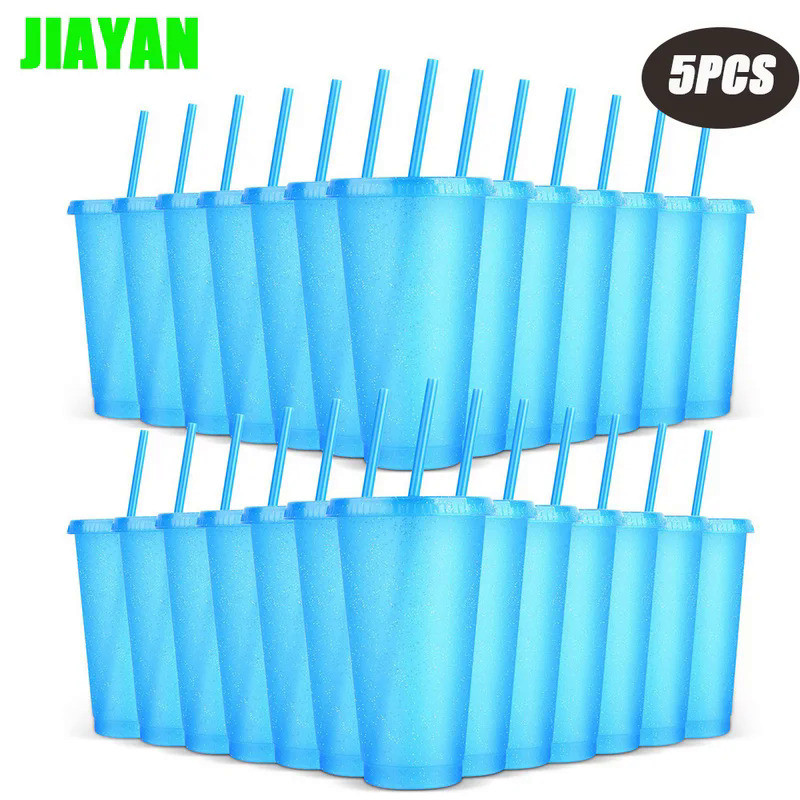 JIAYAN 5pcs plastic cups with lids straws reusable glitter sequin large ...