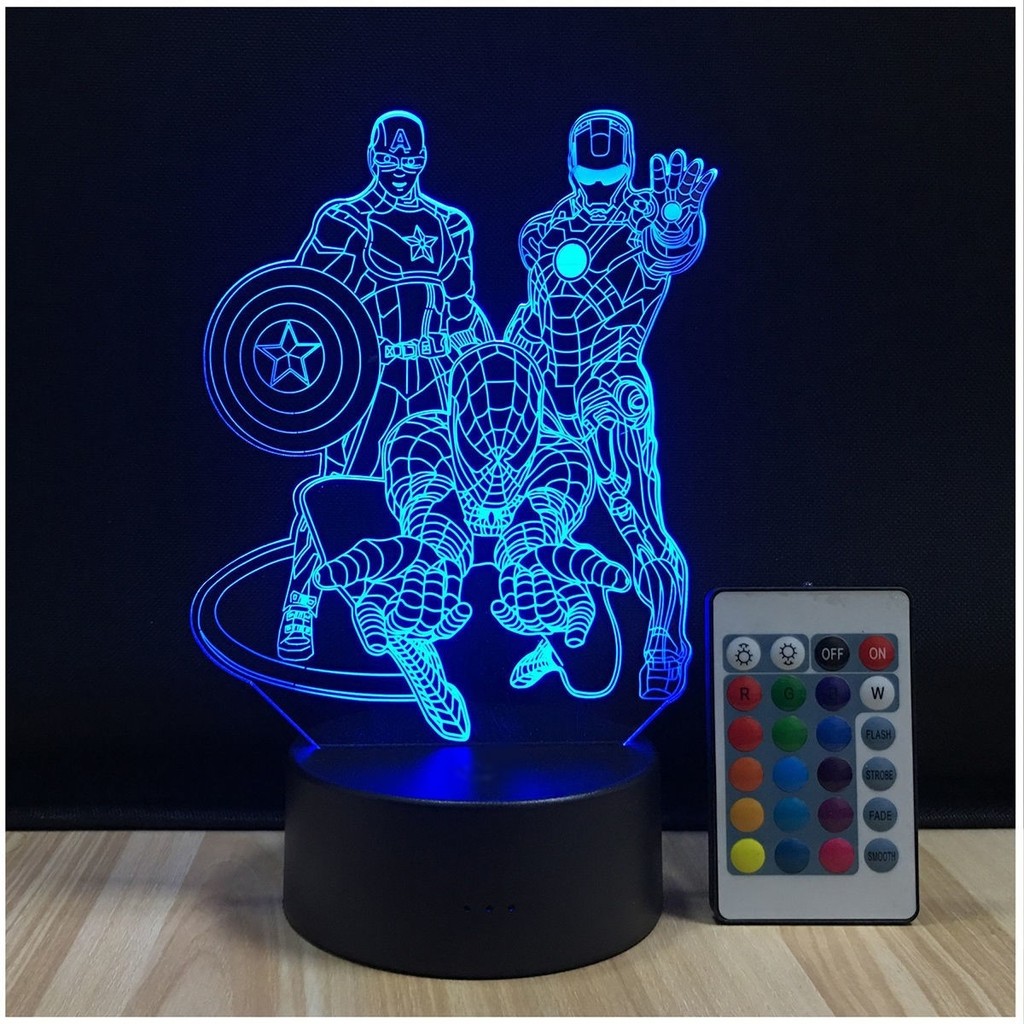 Marvel Avengers Iron Man Spider-Man Colorful 3D Illusion LED Bedside ...