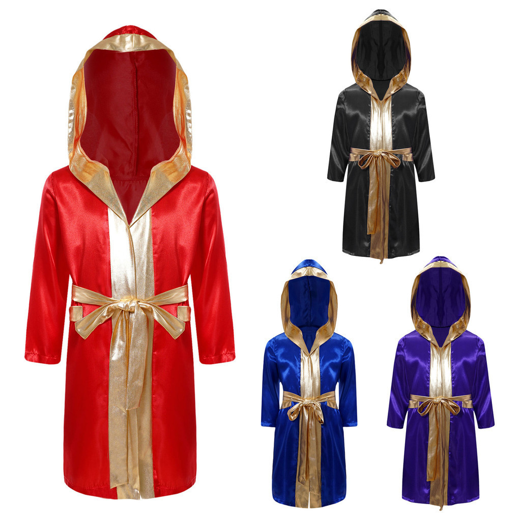 Kids Boys Boxing Robe Halloween Costume Long Sleeve Open Front Hooded ...
