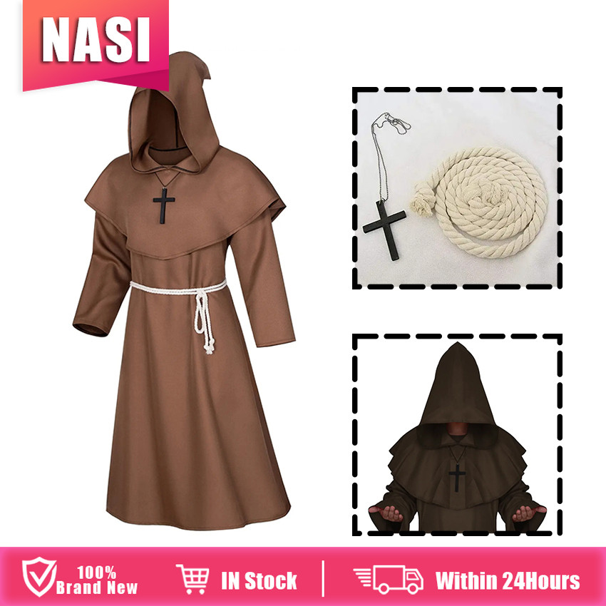 Halloween Medieval Monks Hooded Priest Robe Wizard Cosplay Cape Costume ...