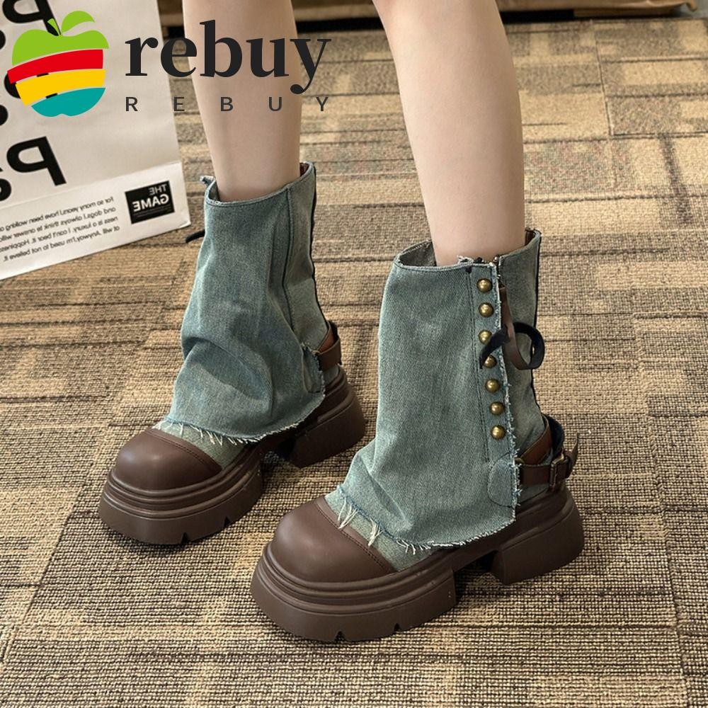 REBUY Denim Short Boots, Vintage Punk Rivet Rivet Ankle Boots, New ...