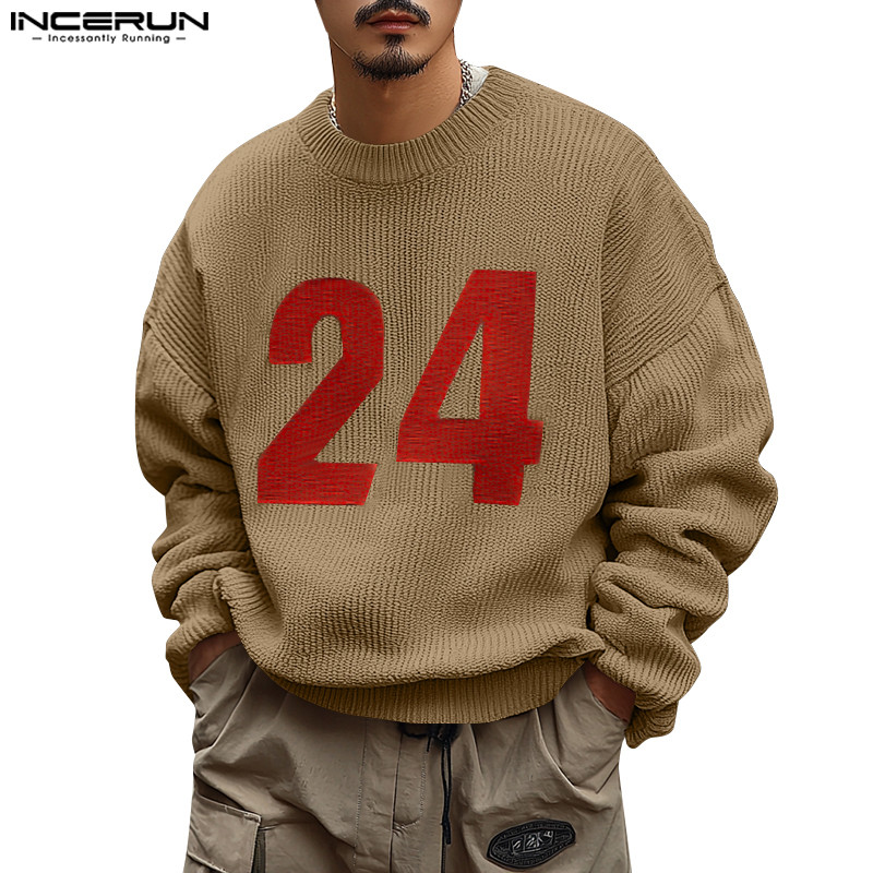 INCERUN Men Korean Number Round Neck Drop Shoulder Long Sleeve Pullover ...